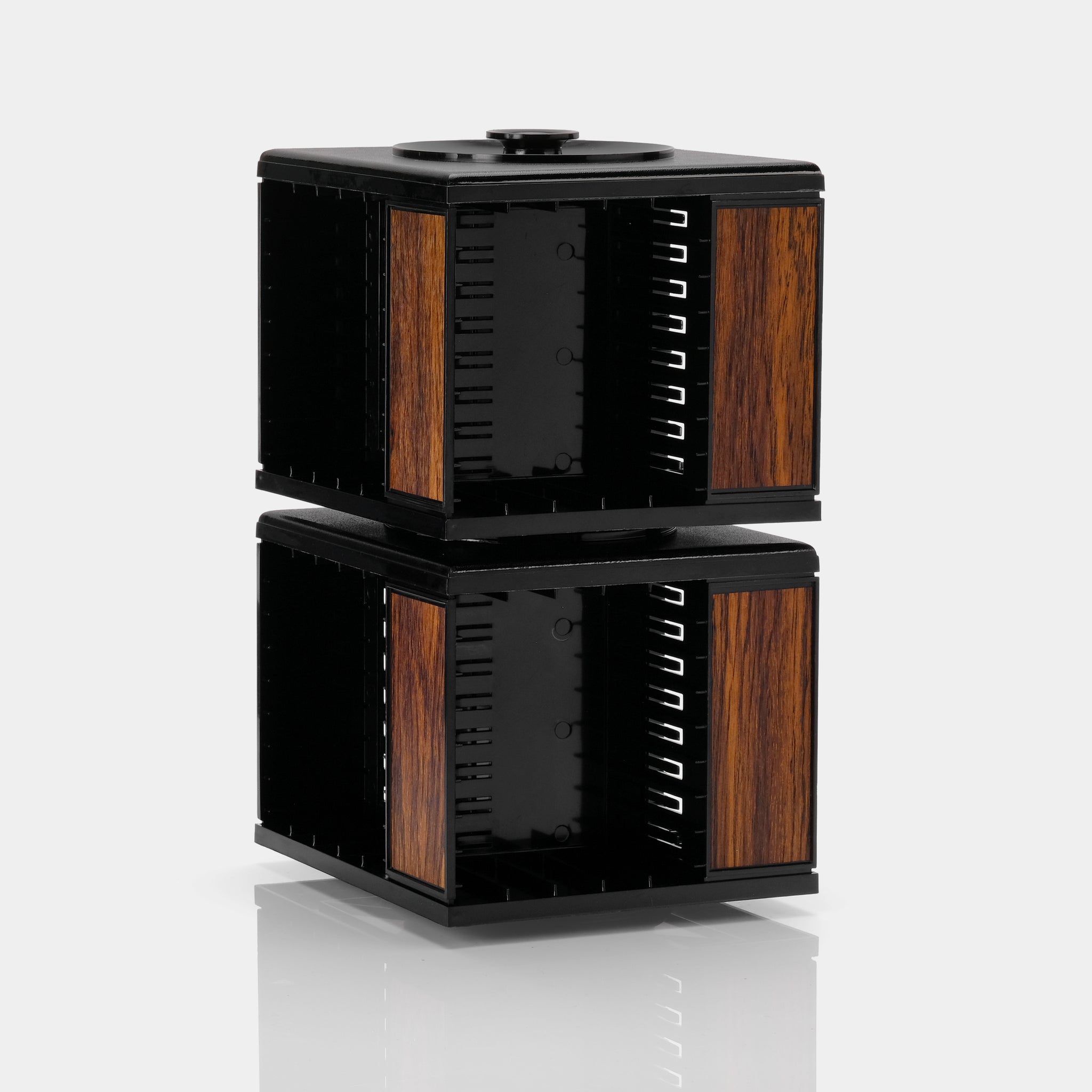 Black with Brown Wood Plastic Stacking Rotating Cassette Storage Displ